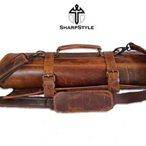 Knife Bag Knife Roll - Case for Knives - SharpStyle: Genuine Leather Chef Knife Roll - Beautifully Holds 10 Knives + Utility Pockets - Includes Leather Carry Handle and Strap - Large.