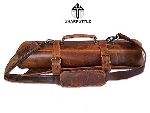 Knife Bag Knife Roll - Case for Knives - SharpStyle: Genuine Leather Chef Knife Roll - Beautifully Holds 10 Knives + Utility Pockets - Includes Leather Carry Handle and Strap - Large.