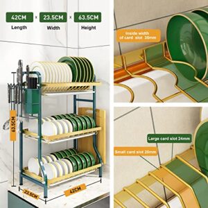 JAZORR Dish Drying Rack, 3 Tier Dish Rack with Drainboard, Cutlery Holder, Cutting-Board Holder，Large Capacity Dish Drainer for Plates Bowls Cups Kitchen Counter(Green & Golden)