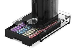 everie crystal tempered glass organizer drawer holder compatible with nespresso vertuo capsules, compatible with 40 big or 52 small vertuoline pods, 12” wide by 16.5” deep by 3.5” high