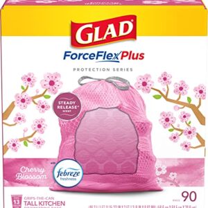 GLAD ForceFlexPlus Tall Kitchen Drawstring Trash Bags, 13 Gallon Pink Trash Bag for Kitchen Trash Can, Cherry Blossom Febreze Freshness and Leak Protection, 90 Count