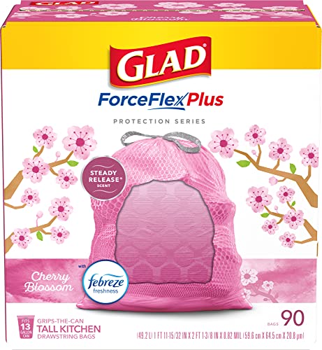 GLAD ForceFlexPlus Tall Kitchen Drawstring Trash Bags, 13 Gallon Pink Trash Bag for Kitchen Trash Can, Cherry Blossom Febreze Freshness and Leak Protection, 90 Count