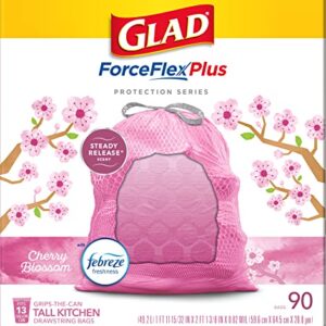 GLAD ForceFlexPlus Tall Kitchen Drawstring Trash Bags, 13 Gallon Pink Trash Bag for Kitchen Trash Can, Cherry Blossom Febreze Freshness and Leak Protection, 90 Count