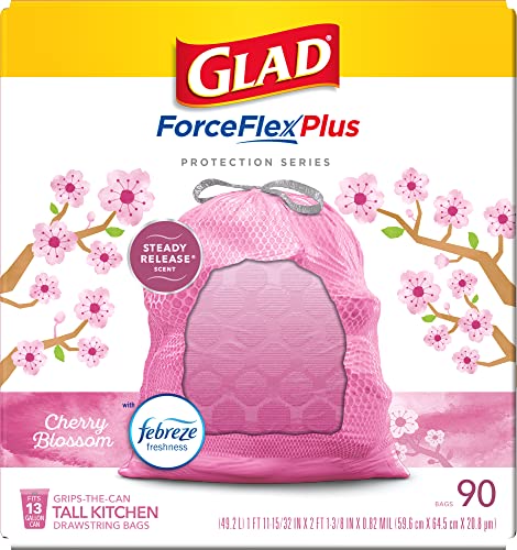 GLAD ForceFlexPlus Tall Kitchen Drawstring Trash Bags, 13 Gallon Pink Trash Bag for Kitchen Trash Can, Cherry Blossom Febreze Freshness and Leak Protection, 90 Count