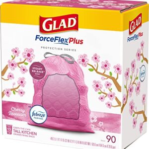 GLAD ForceFlexPlus Tall Kitchen Drawstring Trash Bags, 13 Gallon Pink Trash Bag for Kitchen Trash Can, Cherry Blossom Febreze Freshness and Leak Protection, 90 Count