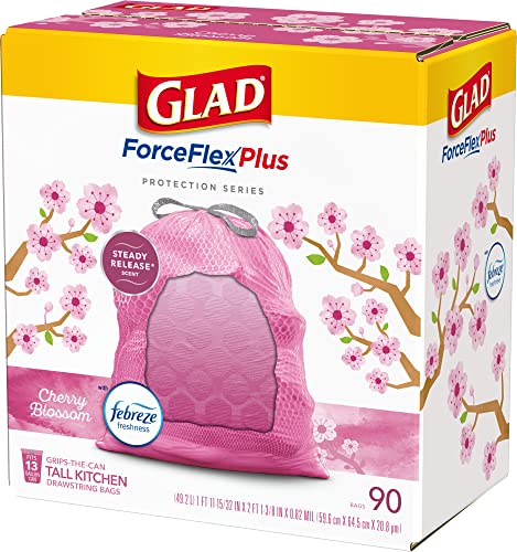 GLAD ForceFlexPlus Tall Kitchen Drawstring Trash Bags, 13 Gallon Pink Trash Bag for Kitchen Trash Can, Cherry Blossom Febreze Freshness and Leak Protection, 90 Count