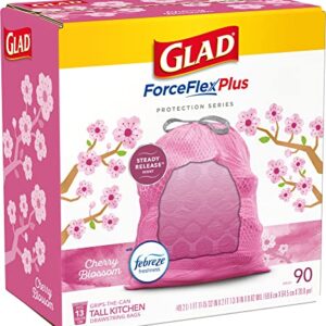 GLAD ForceFlexPlus Tall Kitchen Drawstring Trash Bags, 13 Gallon Pink Trash Bag for Kitchen Trash Can, Cherry Blossom Febreze Freshness and Leak Protection, 90 Count