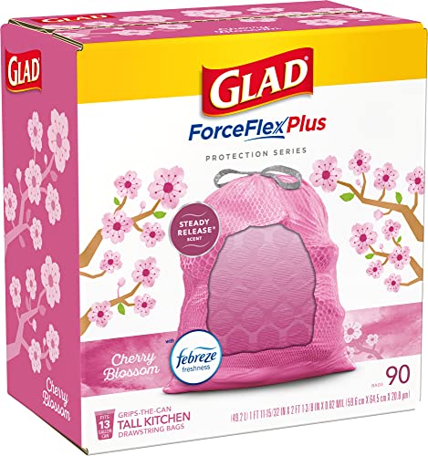 GLAD ForceFlexPlus Tall Kitchen Drawstring Trash Bags, 13 Gallon Pink Trash Bag for Kitchen Trash Can, Cherry Blossom Febreze Freshness and Leak Protection, 90 Count