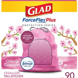 GLAD ForceFlexPlus Tall Kitchen Drawstring Trash Bags, 13 Gallon Pink Trash Bag for Kitchen Trash Can, Cherry Blossom Febreze Freshness and Leak Protection, 90 Count