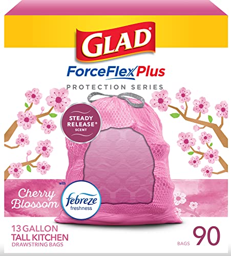 GLAD ForceFlexPlus Tall Kitchen Drawstring Trash Bags, 13 Gallon Pink Trash Bag for Kitchen Trash Can, Cherry Blossom Febreze Freshness and Leak Protection, 90 Count