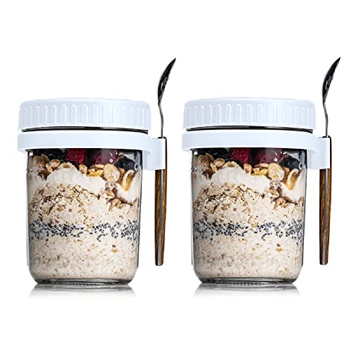 Xigugo Overnight Oats Jars, Overnight Oats Container with Lid and Spoon, 10 oz Cereal, Milk, Vegetable and fruit Salad Storage Container with Measurement Marks (white2)