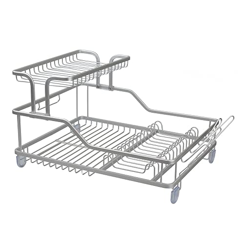 Home Basics 2-Tier Aluminum Dish Drying Storage Rack with Utensil Holder, Cup Holder & Draining Tray for Kitchen Countertop Sink