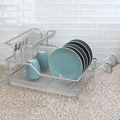 Home Basics 2-Tier Aluminum Dish Drying Storage Rack with Utensil Holder, Cup Holder & Draining Tray for Kitchen Countertop Sink