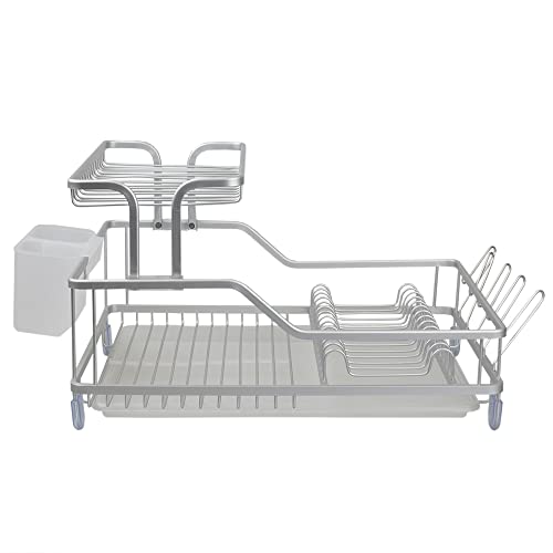 Home Basics 2-Tier Aluminum Dish Drying Storage Rack with Utensil Holder, Cup Holder & Draining Tray for Kitchen Countertop Sink