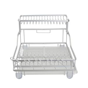 Home Basics 2-Tier Aluminum Dish Drying Storage Rack with Utensil Holder, Cup Holder & Draining Tray for Kitchen Countertop Sink