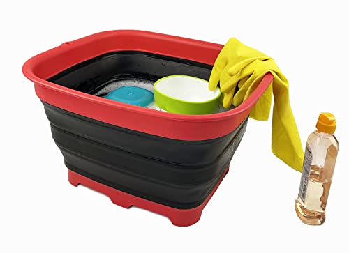 SAMMART 15L (3.9 Gallon) Collapsible Dishpan with Draining Plug - Foldable Washing Basin - Portable Dish Washing Tub - Space Saving Kitchen Storage Tray (Vermeil/Black)