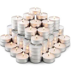 montopack unscented tea lights candles in bulk | 100 white, smokeless, dripless & long lasting paraffin tea candles | small votive mini tealight candles for home, pool, shabbat, weddings & emergencies