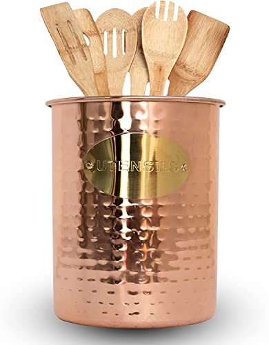 Moscow-Mix Kitchen Utensil Holder Caddy - Kitchen Utensils Accessories Tools Cutlery Spoon Set Holder Organizer Caddy - Copper Plated Stainless Steel Hand Hammered Caddy