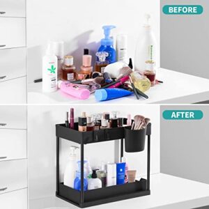 HNNJCK 2 Tier Under Kitchen Sink Organizers and Storage, Bathroom Cabinet Storage Organizer, Sliding Drawer Pull Out Undersink Organizer Countertop Shelf with 4 Hooks, 1 Hanging Cup