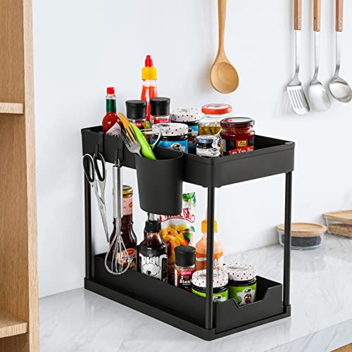 HNNJCK 2 Tier Under Kitchen Sink Organizers and Storage, Bathroom Cabinet Storage Organizer, Sliding Drawer Pull Out Undersink Organizer Countertop Shelf with 4 Hooks, 1 Hanging Cup