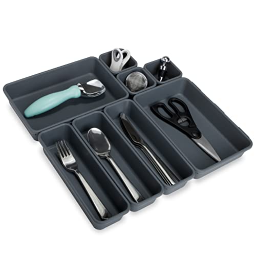 Smart Design Interlocking Drawer Organizer - 8 Piece Set - BPA Free - Utensils, Flatware, Office, Personal Care, or Makeup Storage - Kitchen - Graphite Gray