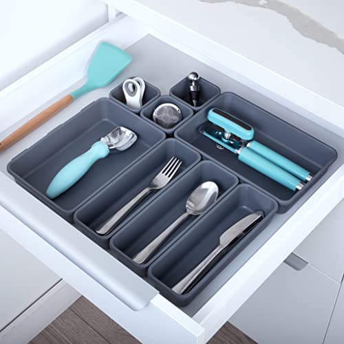 Smart Design Interlocking Drawer Organizer - 8 Piece Set - BPA Free - Utensils, Flatware, Office, Personal Care, or Makeup Storage - Kitchen - Graphite Gray