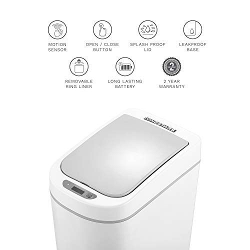 Ninestars AMZ-7-2 Bathroom Automatic Infrared Motion Sensor Trash Can, 1.8 Gal 7L, ABS Plastic Trashcan (Slim, White)