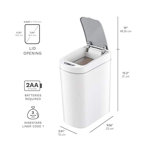 Ninestars AMZ-7-2 Bathroom Automatic Infrared Motion Sensor Trash Can, 1.8 Gal 7L, ABS Plastic Trashcan (Slim, White)