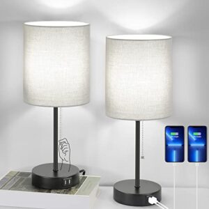 table lamps set of 2 with usb charging ports, grey bedside lamps with ac outlet, nightstand lamps with pull chain switch, minimalist modern desk lamps with fabric shade for living room bedroom office