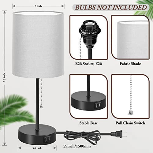 Table Lamps Set of 2 with USB Charging Ports, Grey Bedside Lamps with AC Outlet, Nightstand Lamps with Pull Chain Switch, Minimalist Modern Desk Lamps with Fabric Shade for Living Room Bedroom Office