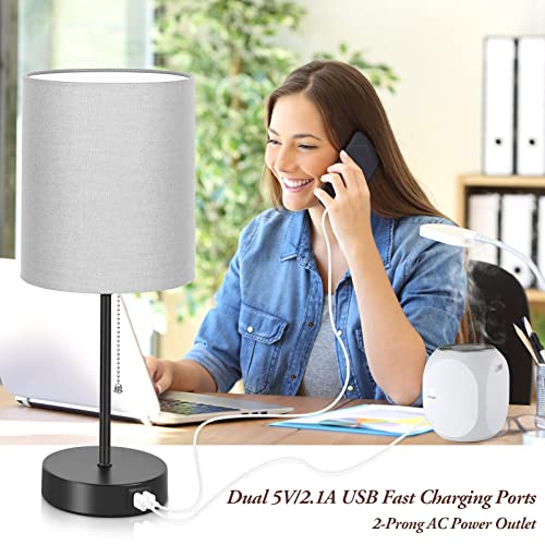 Table Lamps Set of 2 with USB Charging Ports, Grey Bedside Lamps with AC Outlet, Nightstand Lamps with Pull Chain Switch, Minimalist Modern Desk Lamps with Fabric Shade for Living Room Bedroom Office