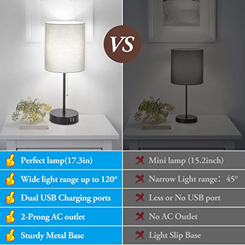 Table Lamps Set of 2 with USB Charging Ports, Grey Bedside Lamps with AC Outlet, Nightstand Lamps with Pull Chain Switch, Minimalist Modern Desk Lamps with Fabric Shade for Living Room Bedroom Office