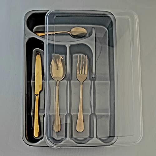 Utensil and Silverware Organizer tray for drawer with cover -Cutlery Flatware Organizer with lid - for kitchen drawer, BBQ , picnic, Covered flatware tray,5 Compartments - Plastic (SILVER)