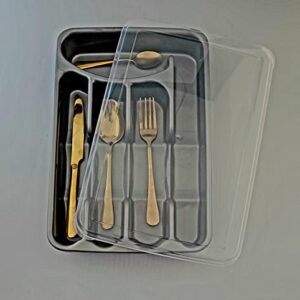 Utensil and Silverware Organizer tray for drawer with cover -Cutlery Flatware Organizer with lid - for kitchen drawer, BBQ , picnic, Covered flatware tray,5 Compartments - Plastic (SILVER)