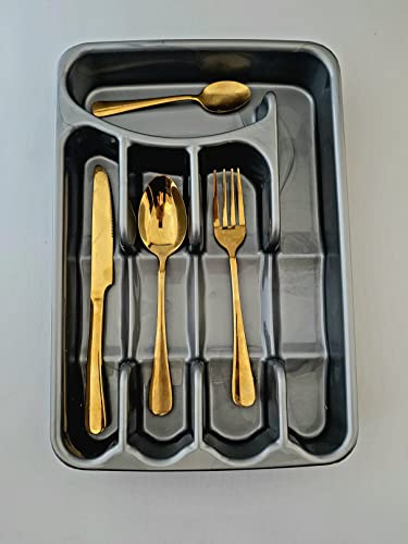 Utensil and Silverware Organizer tray for drawer with cover -Cutlery Flatware Organizer with lid - for kitchen drawer, BBQ , picnic, Covered flatware tray,5 Compartments - Plastic (SILVER)