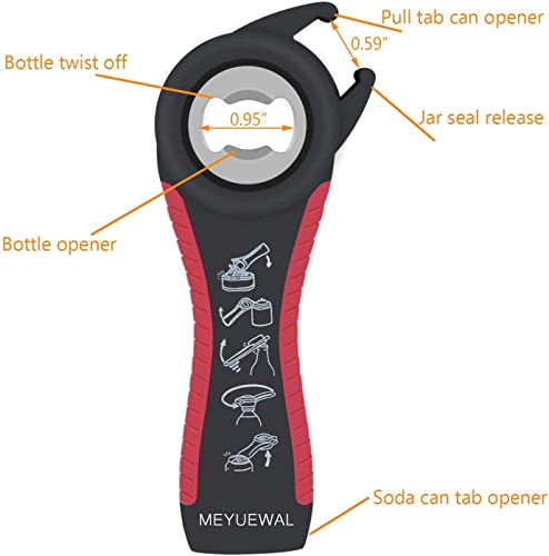 Jar Opener, 5 in 1 Multi Function Can Opener Bottle Opener Kit with Silicone Handle Easy to Use for Children, Elderly and Arthritis Sufferers (Apple Red）