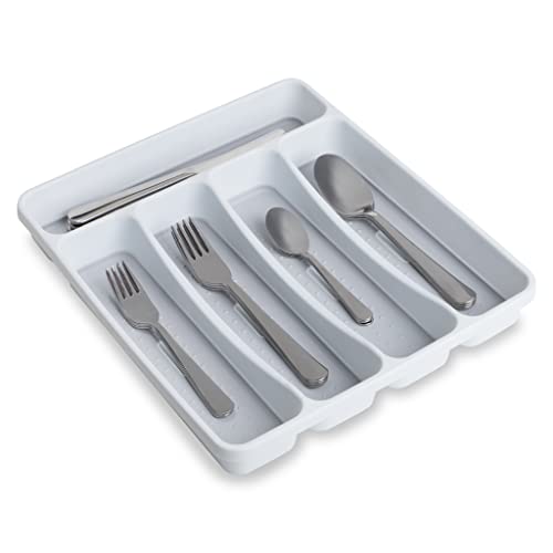 Smart Design Plastic Drawer Organizer - 5 Compartment - Non-Slip Lining and Feet - BPA Free - Utensils, Flatware, Office, Personal Care, or Makeup Storage - Kitchen - White with Gray