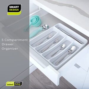 Smart Design Plastic Drawer Organizer - 5 Compartment - Non-Slip Lining and Feet - BPA Free - Utensils, Flatware, Office, Personal Care, or Makeup Storage - Kitchen - White with Gray