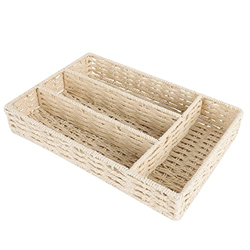 DOITOOL Kitchen Utensil Drawer Organizer with Dividers Rattan Flatware Basket Natural Wicker Serving Basket Flatware Cutlery Organiser Tray for Flatware and Kitchen Utensils