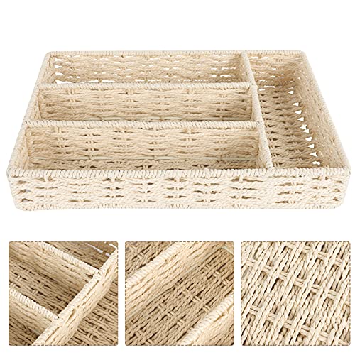 DOITOOL Kitchen Utensil Drawer Organizer with Dividers Rattan Flatware Basket Natural Wicker Serving Basket Flatware Cutlery Organiser Tray for Flatware and Kitchen Utensils