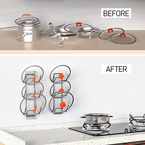 2 pack pot lid organizer rack for cabinet door/wall, no drilling adhesive wall/door mounted pot and pan lid holder, metal with powder coating, black