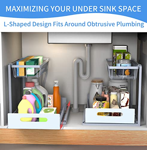 Under Sink Organizer, SUTINE 2 Tier L-Shape Bathroom Organizer, Pull Out Cabinet Organizer Storage Shelf, Multiuse Under Sink Organizers and Storage for Kitchen Bathroom (White)