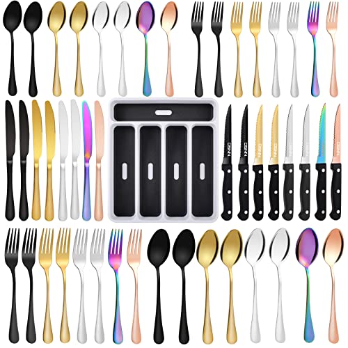 DSNN 48 Pieces Iridescent Flatware Set with Silverware Organizer, Nice Design Cutlery Service for 8, Stainless Steel Kitchen Utensil