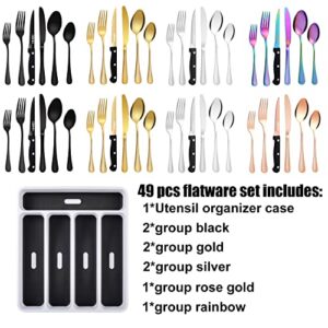 DSNN 48 Pieces Iridescent Flatware Set with Silverware Organizer, Nice Design Cutlery Service for 8, Stainless Steel Kitchen Utensil