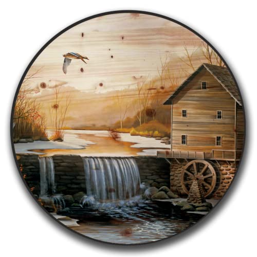 House & Homebody Co. Decorative Wood Lazy Susan, Imaged, Large 18" (The Old Mill)