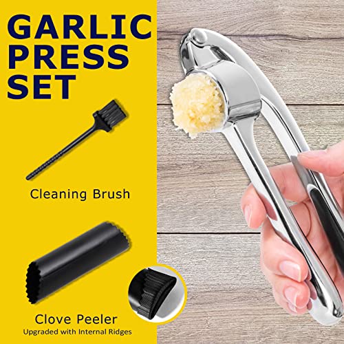 Premium Garlic Press, Garlic Mincer Set of 3 with Silicone Roller Peeler & Cleaning Brush - Gloss Silver