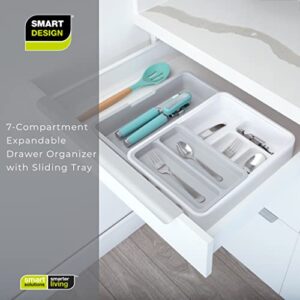 Smart Design 7 Compartment Expandable Drawer Organizer - Sliding Tray - BPA Free - Utensils, Flatware, Office, Personal Care, or Makeup Storage - Kitchen - White with Gray