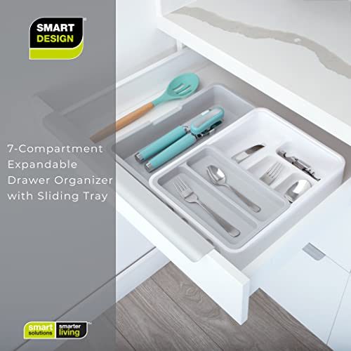 Smart Design 7 Compartment Expandable Drawer Organizer - Sliding Tray - BPA Free - Utensils, Flatware, Office, Personal Care, or Makeup Storage - Kitchen - White with Gray