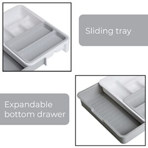 Smart Design 7 Compartment Expandable Drawer Organizer - Sliding Tray - BPA Free - Utensils, Flatware, Office, Personal Care, or Makeup Storage - Kitchen - White with Gray