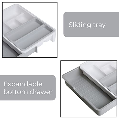 Smart Design 7 Compartment Expandable Drawer Organizer - Sliding Tray - BPA Free - Utensils, Flatware, Office, Personal Care, or Makeup Storage - Kitchen - White with Gray